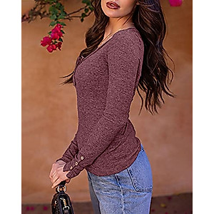 Saodimallsu Womens V Neck Long Sleeve T Shirts Button Down Henley Shirts Ribbed Casual Plain Tops Blouse Tees Dark Pink