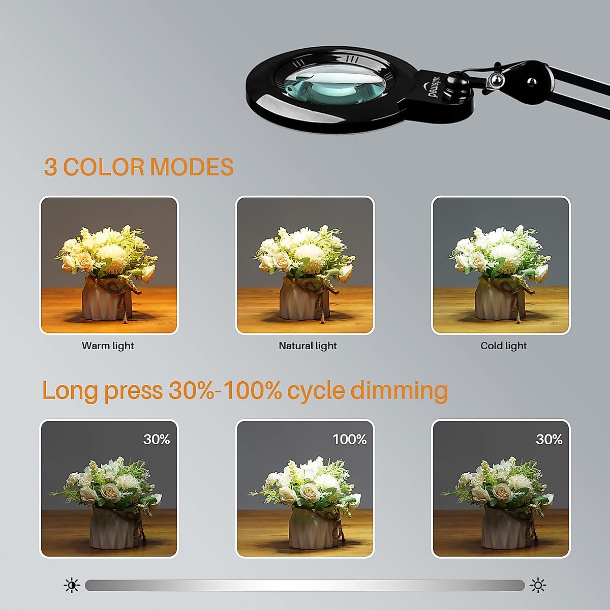Bemelux Bifocals Magnifying Desk Lamp with Clamp, 5 Diopter with 20 Diopter, 6 Inch Detachable Lens and 120PCS LEDs, 3 Color Modes 1200 Lumens Swivel Arm Magnifying Lamp with Light for Crafts
