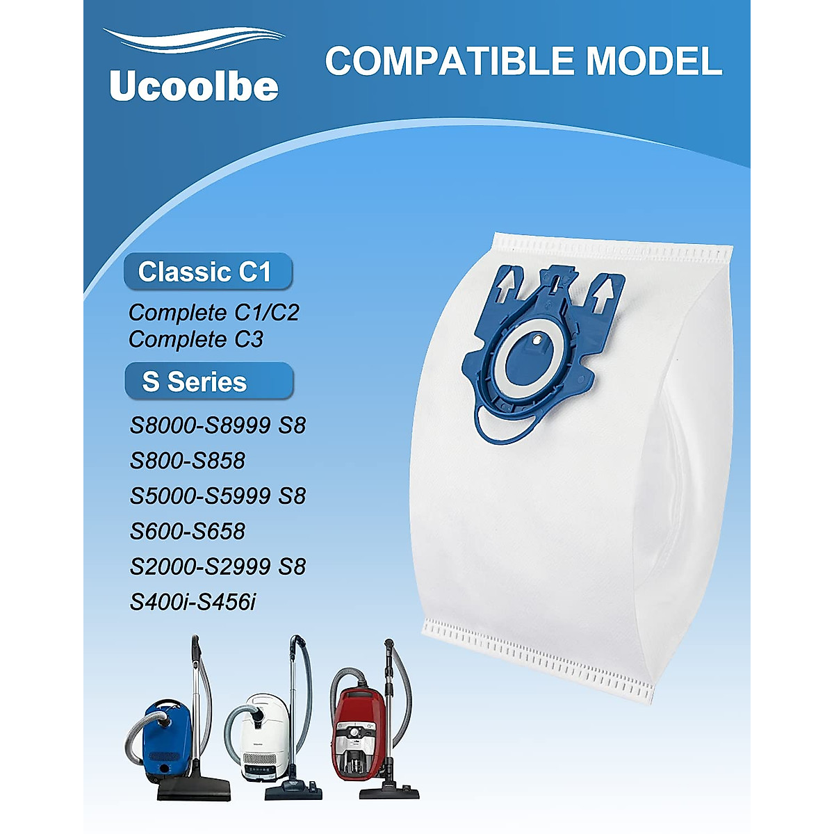 Ucoolbe GN 3D Vacuum Cleaner Bags Replacement for Miele GN Airclean Classic C1 Complete C1 C2 C3 S227 S240 S270 S400 S2 S5 S8 Series Includes 3D GN Dust Bags 6 Pack with 2 Pairs Filters