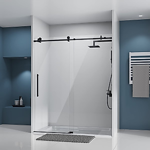 DELAVIN 56-60" W x 75" H Frameless Sliding Shower Door, Glass Door with 5/16" (8mm) Clear SGCC Tempered Glass, Explosion-Proof Film, Stainless Steel Hardware, Matte Black