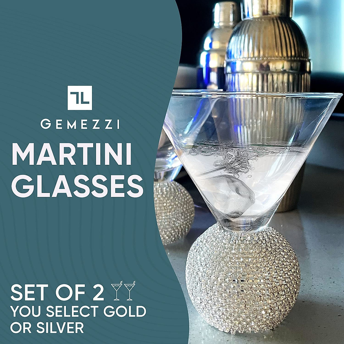 GEMEZZI Stemless Martini Glasses Set of 2, Silver Stemless Modern Cocktail Glass, Crystal Ball Base in Elegant Box, Perfect Bar Accessories for Margarita, Manhattan, Cosmos, Mixed Drinks, and Desserts