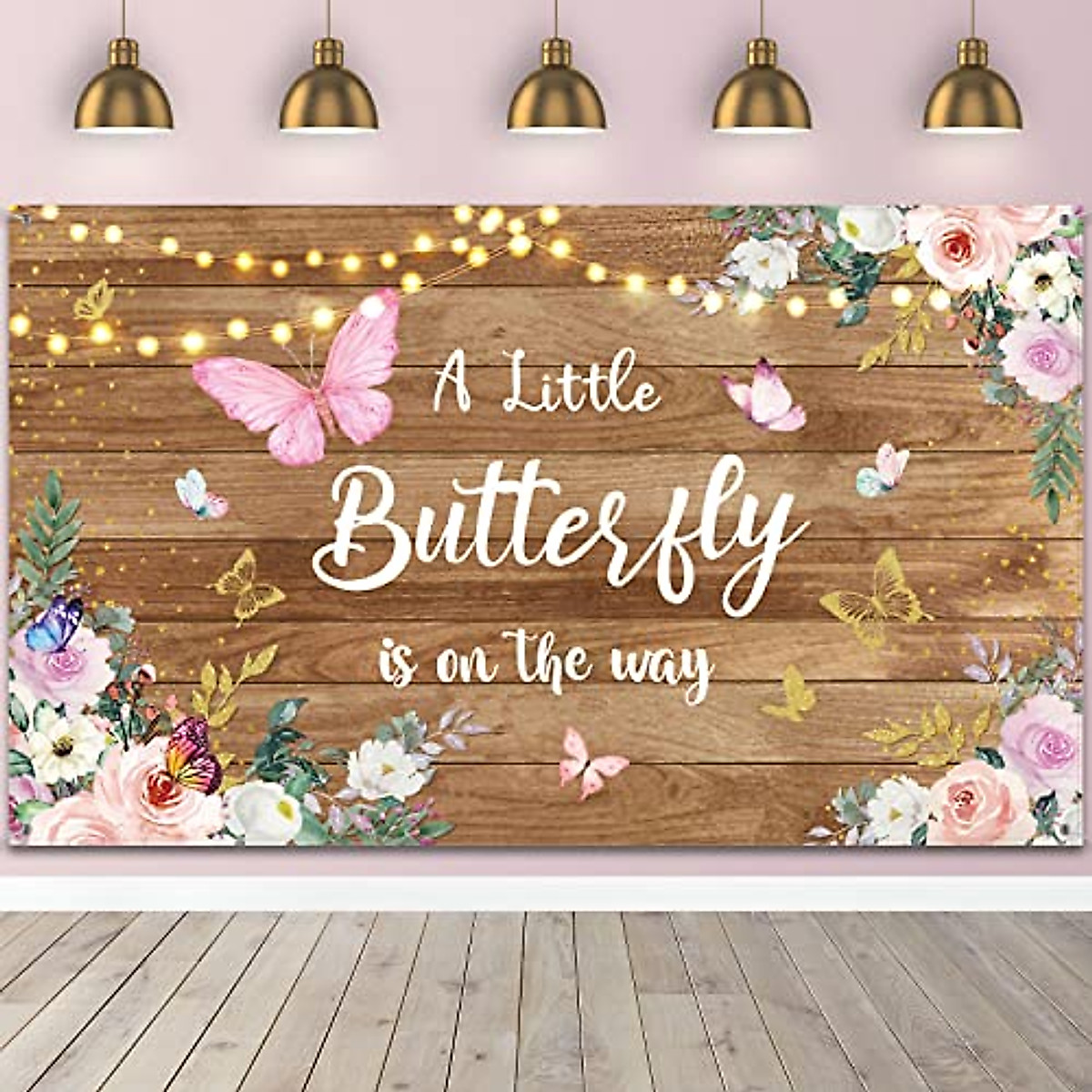 Butterfly Backdrop A Little Butterfly is On The Way Baby Shower Banner Butterfly Rustic Wood Purple and Pink Floral Photography Background for Girls Birthday Baby Shower Party Decoration Supplies