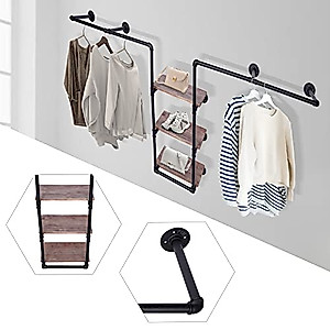 VPABES Wall Mounted Clothing Storage Rack 3 Tiers Industrial Pipe Rustic Garment Hanging Bar Space-Saving Wooden Shelves Book Plant Retail Display Shelf for Boutique Store