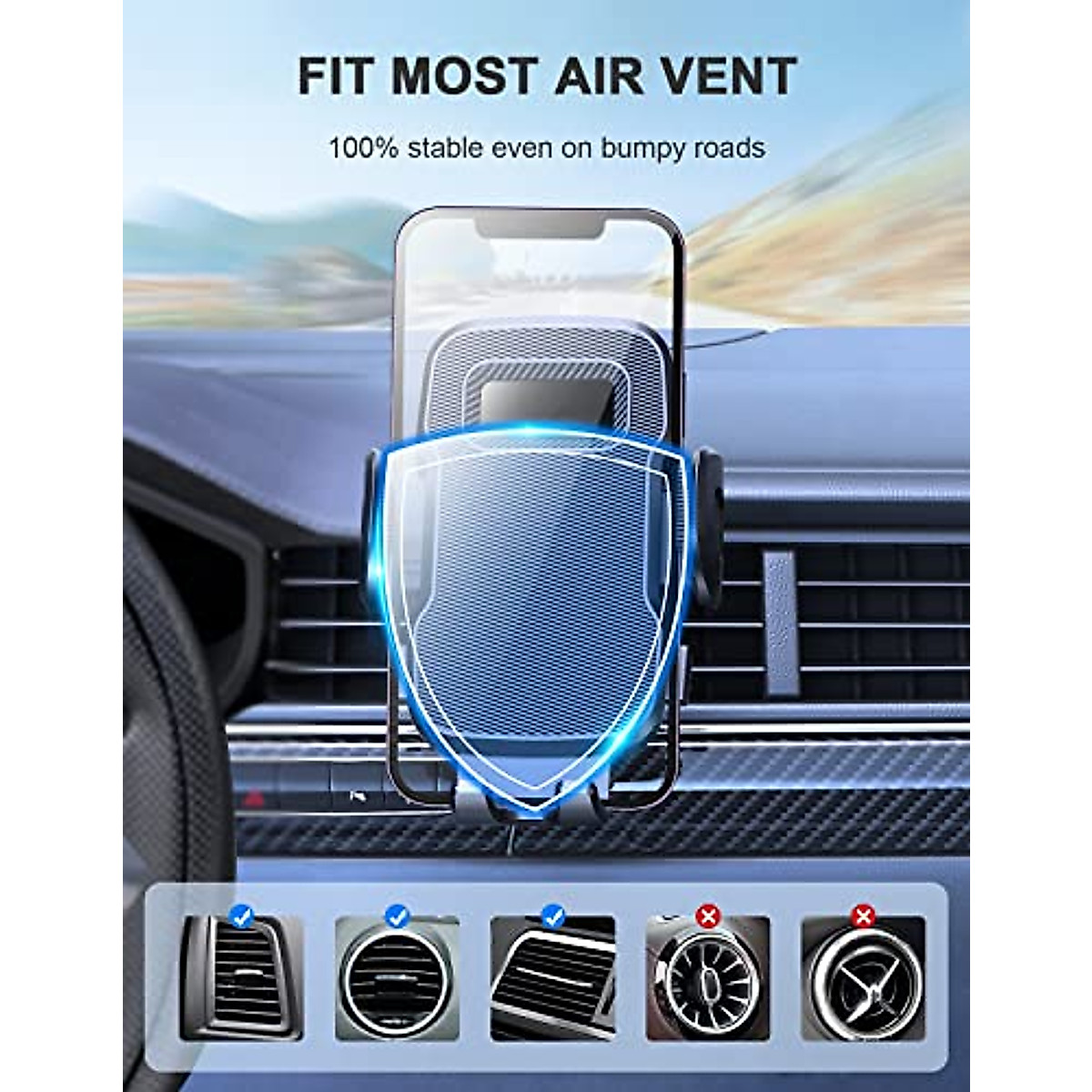 Dawinga Car Phone Holder Mount, [Military-Grade Suction] Phone Mount for Car Dashboard/Windshield/Vent，4-in-1 Universal Hands-Free Phone Holder for Car Compatible with iPhone 14 13 12 11 Pro Max, etc