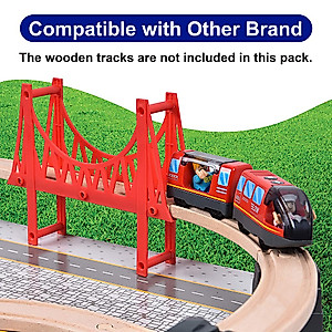 Battery Operated Train Set for Wooden Train Track (w/Sound & Magnetic Connection), Powerful Engine Red Action Locomotive Train Set Compatible with Thomas, Brio, Chuggington - Train Toys for Toddlers