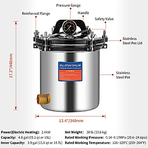 BAOSHISHAN 18L Electric Pressure Canner 19 QT Stainless Steel Portable Pressure Canner for Mushroom Growing, Jar Canning 1.2KW 110V