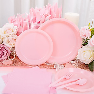 WELLIFE 210 Pieces Pink Party Supplies, Disposable Dinnerware Set, Including Pink Plastic Plates, 12OZ Pink Cups, Pink Plastic Cutlery and Paper Napkins Serve 30 Guests for Party