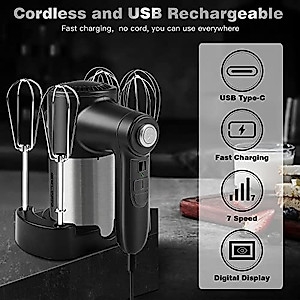 Rechargeable Cordless Hand Mixer Electric - 7 Speed Electric Handheld Mixer with Storage Base, Digital Screen, 4 Stainless Steel Accessories for Easy Whipping, Mixing Batters, Dough, Cookies, Cakes