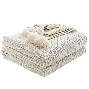 MsteaBenago Crochet Beige White Thick Knitted Blanket,100% Cotton Cable Knit Throw Blanket for Chair,Bed, Sofa & Living Room,Extra Cozy, Machine Washable, Home Decor,Weight:4.87lb.