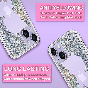 Coolwee Anti Yellowing Clear Glitter Compatible iPhone 14 Case, 6.1 inch, Military Grade Drop Protection Slim Crystal Lace Bling Floral Hard PC Soft TPU Bumper Cover Mandala Henna