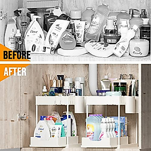 BEWAVE Under Sink Organizers and Storage, 2 Tier Under Sliding Cabinet Storage with Hooks and Basket, Multipurpose Under Sink Rack for Bathroom Kitchen Countertop Laundry, 1 Pack, White
