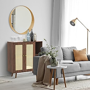 Atlantic Loft & Luv Remy Boho Mid-Century Bar Cabinet with Natural Rattan Panels with Storage, Walnut Finish