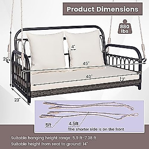 Tangkula Outdoor Wicker Porch Swing, 2-Person Hanging Seat with Seat & Back Cushions, Heavy-Duty Metal Frame & 2 Sturdy Hanging Ropes, Wicker Woven Swing Loveseat for Front Porch