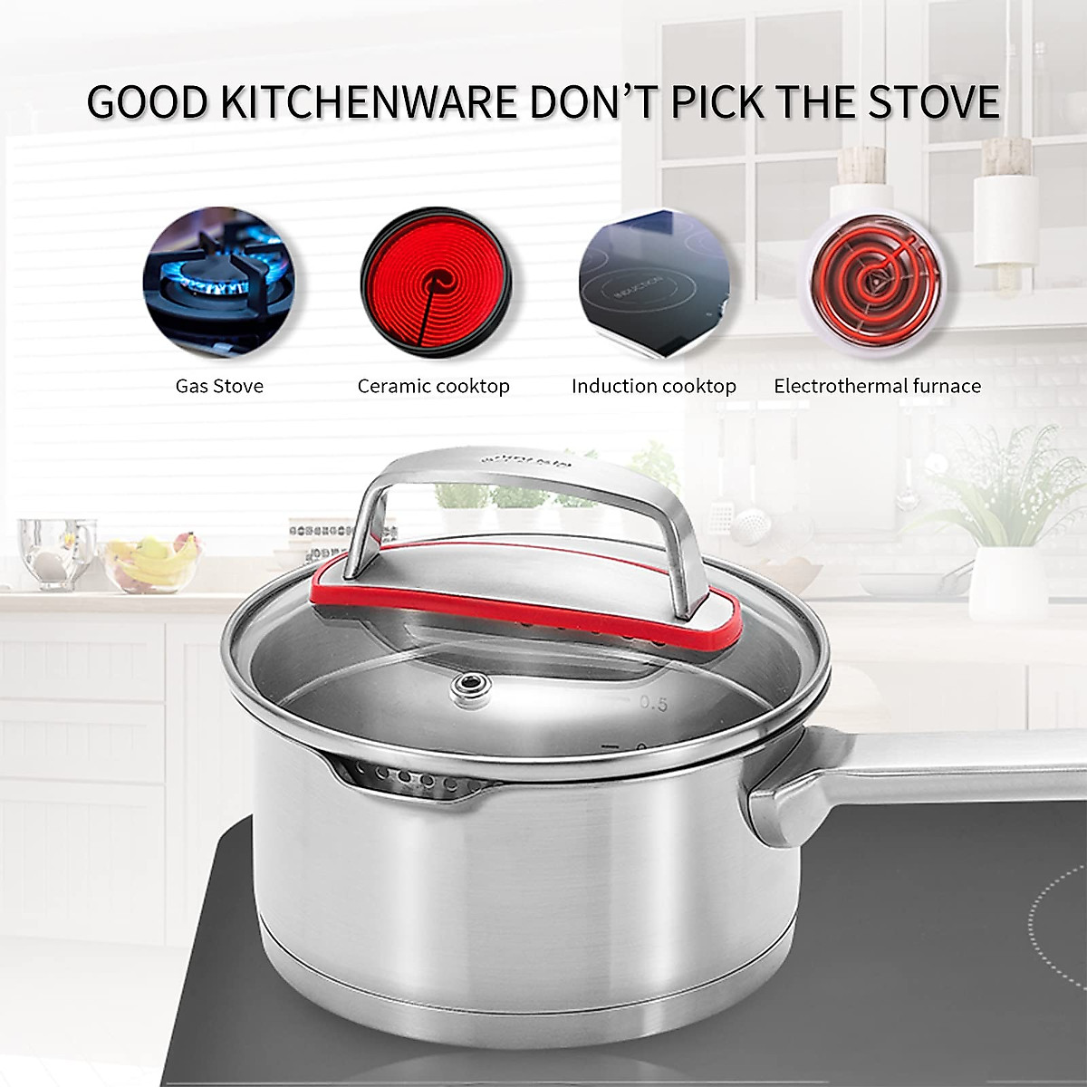 NANFANG BROTHERS Stainless Steel Saucepan with Glass Lid, Professional Small Sauce Pan Milk Pot with Cover, 316 Stainless Steel Composite Copper Cooking Pot, 1 Quart Kitchen Cookware Classic Silver