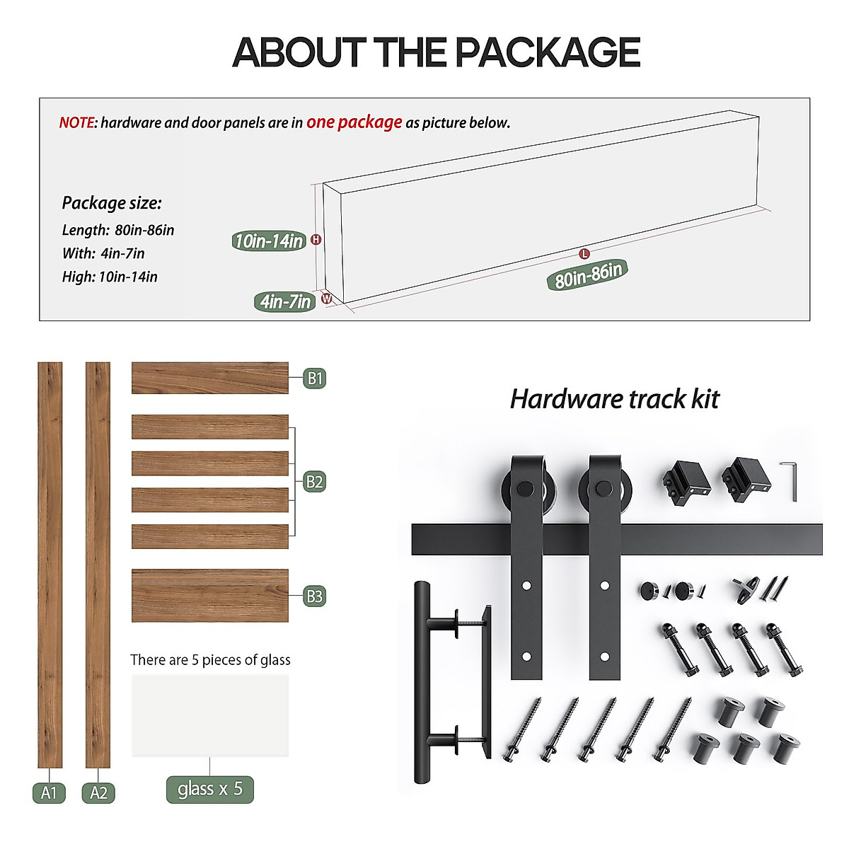 FREDBECK 42 x 84 inch Glass Barn Door with 7FT Barn Door Hardware Kit Included,5-Panel Frosted Glass, Water-Proof Surface,Pre-Drilled Holes,Need Assembly,Fit 38in-41in Opening