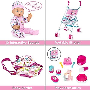 Best Choice Products Kids 15-Piece 13.5in Newborn Baby Doll Nursery Role Play Playset w/Stroller, Travel Cot, Play Mat, Travel Bag, Carrier, Seat, Accessories