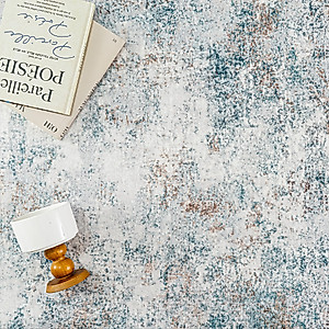 WondRg 2x3 Washable Area Rug Blue Gold Abstract Modern Entryway Kitchen Non Slip Low Pile Thin Throw Rug Living Room Bedroom Indoor Doormat Small Soft Carpet for Entrance Bathroom Dining Room