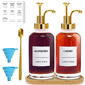 Luxsego Coffee Syrup Dispenser, 16.9oz Glass Syrup Bottle with Pump, Syrup Pump Dispenser for Coffee Bar Accessories, Home Bar, Gifts (36 Labels, Bamboo Tray & Spoon Included)