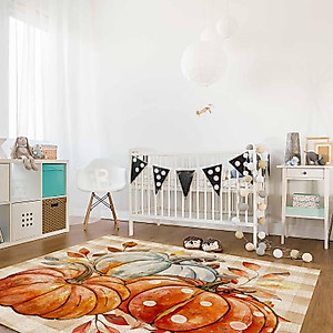 Lsrtoss Rectangular Area Rug for Living Room, Bedroom, Orange White Pumpkins Fall Non-Slip Residential Carpet, Kitchen Rugs, Maple Leaf Harvest Plaid Floor Mat with Rubber Backing 2'7" x 5'