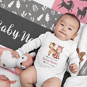 Ruby Star Personalized Baby Blanket for Girl, Cozy Plush Fleece Blanket, Custom Baby Name, Includes Baby Onesie and BIB, Bankets for Kid (Horse Woodland) Full