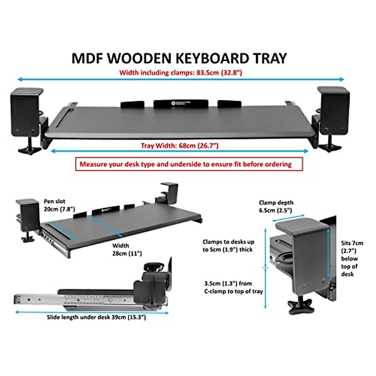 ErgoActive MDF Wooden Under Desk Keyboard Tray, Clamp On Easy Install, Includes Mouse Pad, Ergonomic Wood Keyboard Tray for Office, Home, School and Gaming (26.7" x 11")