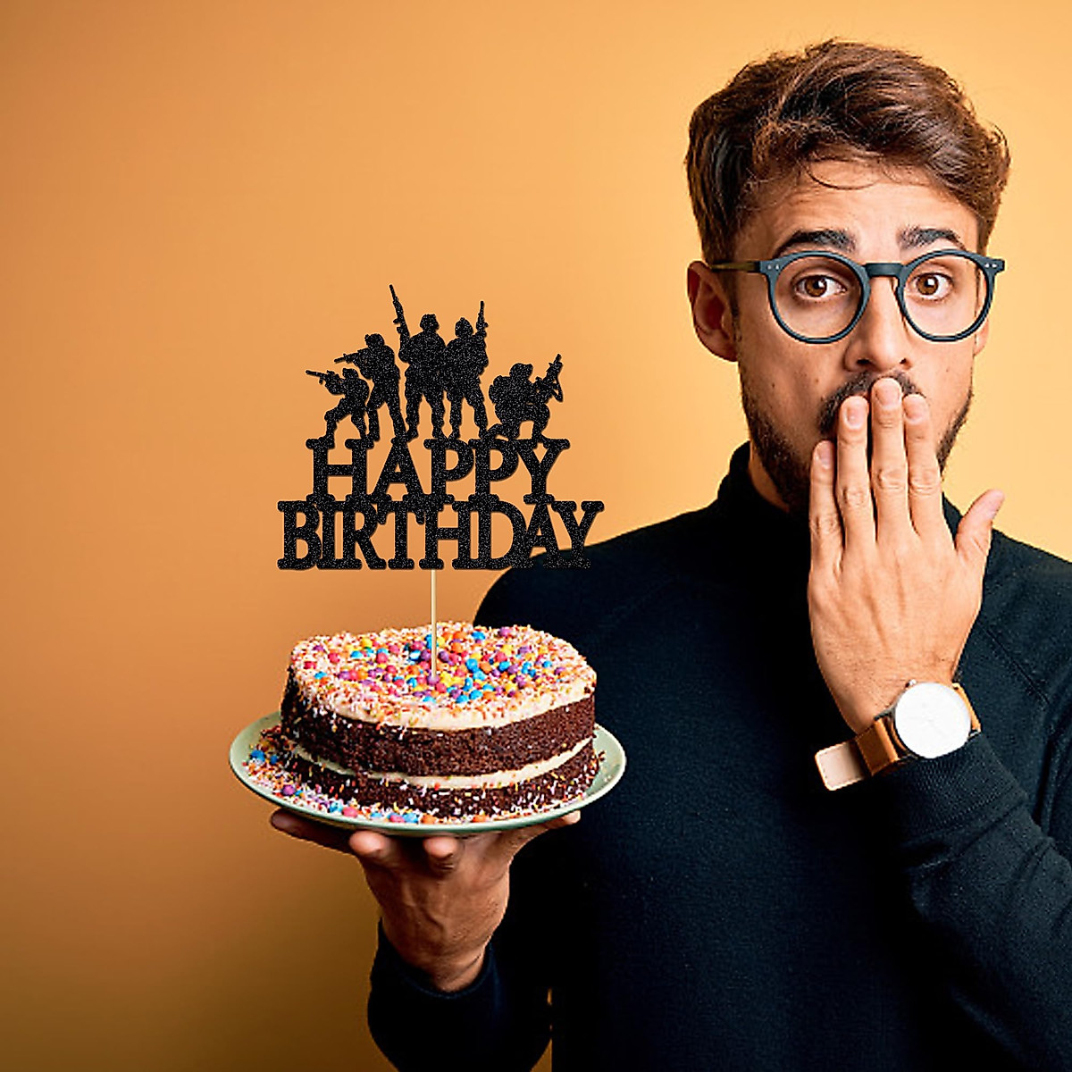 Naicaek Black Glitter Happy Birthday Cake Topper，Soldier Military Theme Happy Birthday Cake Topper，Retirement Military Party Military Themed for Kids Boys Men Birthday Party Supplies (1)