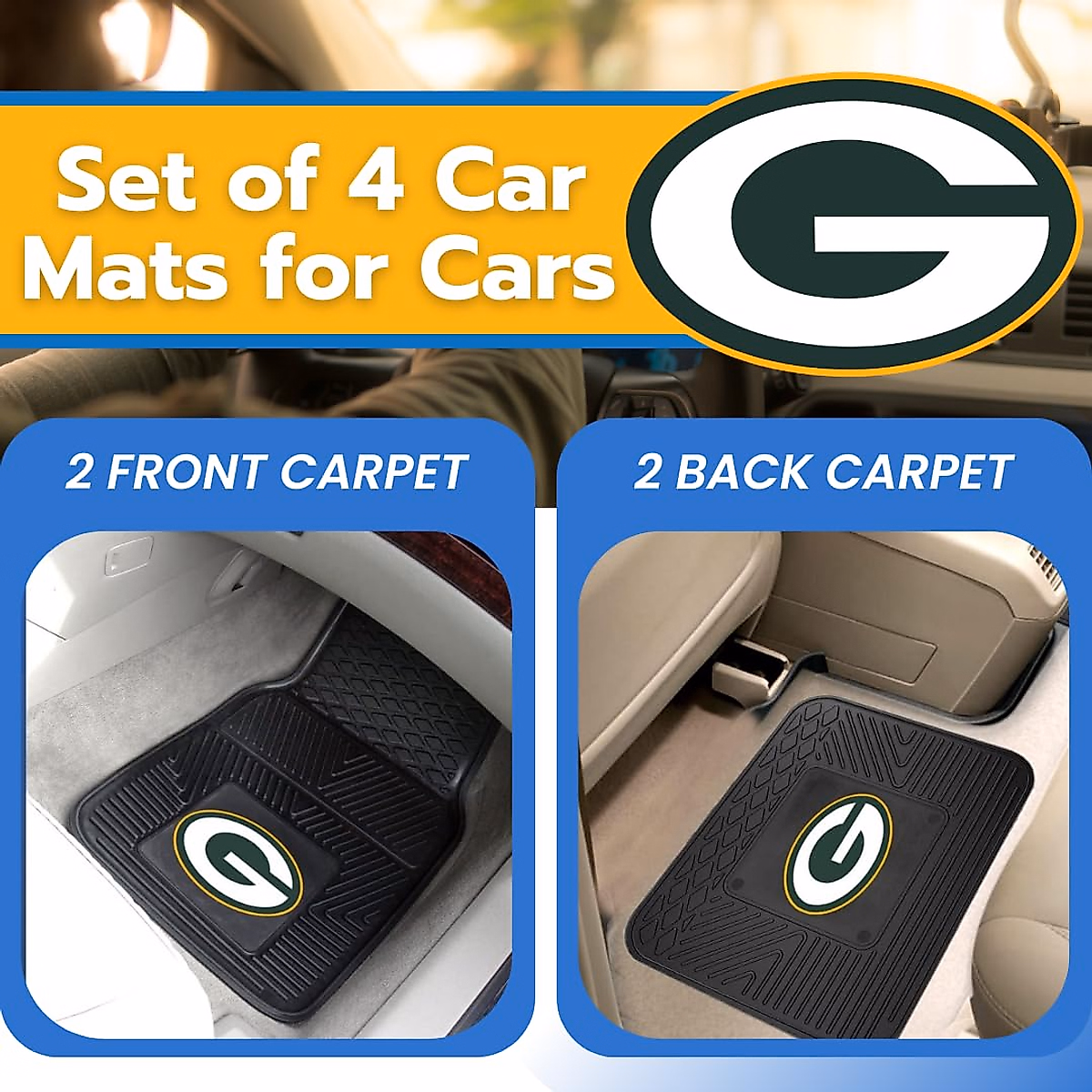 Fanmats Green Bay Packers Set of 4 Car Mats for Cars, SUV, Pickups - All Weather Technology Protection, Deep Reservoir Design, Universal Fit - 3D NFL Team logo - 29”x17” Front - 14”x17” Rear Mat