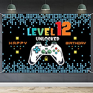 HAMIGAR 6x4ft Happy 12th Birthday Baner Backdrop - Level 12 Unlocked Birthday Decorations Party Supplies for Boys - Blue