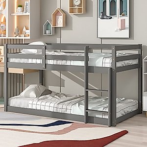 Bunk Beds Twin Over Twin, Wood Kids Low Bunk Bed with Guard Rails, Ladder for Young Children Boys Girls Dormitory Bedroom, No Box Spring Needed (Grey)