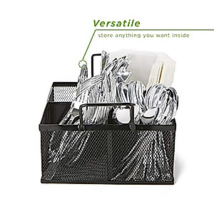 Mind Reader 4-Section Metal Mesh Storage Caddy, Kitchen Utensil Holder, Flatware and Silverware Organizer, Napkin Holder, Black