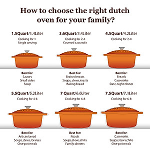 Overmont Enameled Cast Iron Dutch Oven - 5.5QT Pot with Lid Cookbook & Cotton Potholders - Heavy-Duty Cookware for Braising, Stews, Roasting, Bread Baking orange