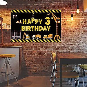 Joyiou Construction Theme Happy 3rd Birthday Decorations Backdrop Banner for Boy Kids, Three Years Old Yellow Black Dump Truck Birthday Party Excavator Crane Sign Supplies Photo Booth Props (5* 3 ft)