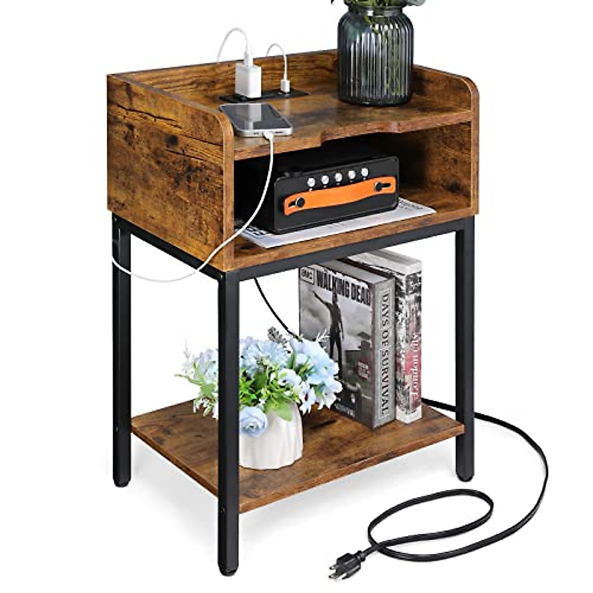 Nightstand with Charging Station, Side Table End Table with USB Ports and Power Outlets, Modern Bedside Night Stand for Bedroom, Living Room, Retro Brown 1-Pack