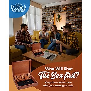 WE Games Shut The Box Game with 12 Numbers in an Old World Styled Wood Box with a Lid and a Brass Latch