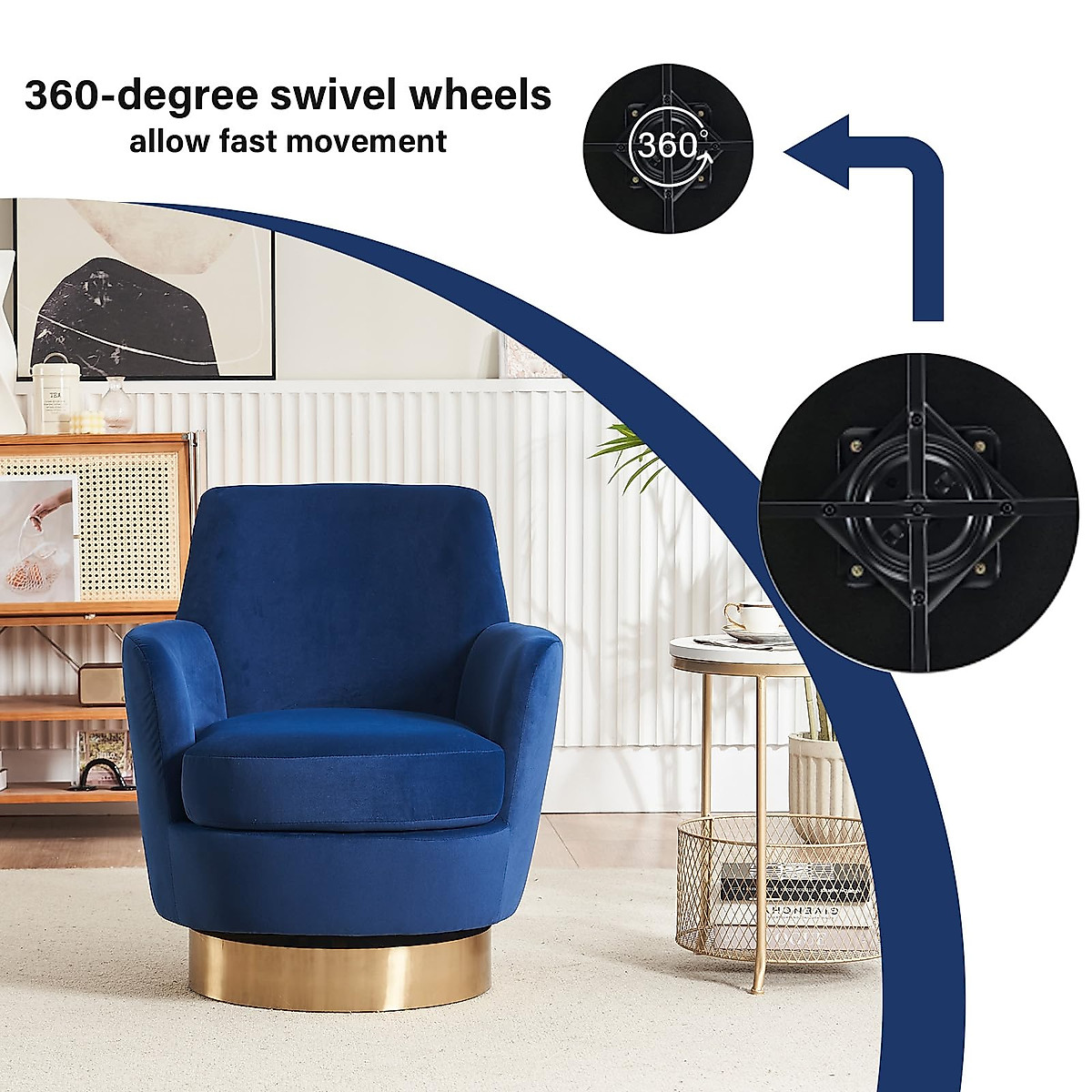 HANLIVES Swivel Barrel Chair,Modern Round Swivel Accent Chairs with Tall Backrest,360 Degree Comfy Velvet Fabric Accent Chair Small Single Chair Armchair for Living Room Bedroom(Blue)