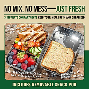 3-in-1 Stainless Steel Bento Box For Kids & Adults with Snack Pod - Holds 6 Cups of Food, 100% Crack-Resistant, Secure Locks, Eco-friendly Metal Lunch Container