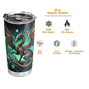 64HYDRO 20oz Steampunk Mechanical Dragon Tumbler, Engineer Mechanic Dragons, Gaming, Gamers Gifts for Dragon Lovers, Stainless Steel Double Wall Vacuum Insulated Coffee Mug, Travel Cup with Lid