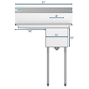 KoolMore 1 Compartment Stainless Steel Commercial Kitchen Prep & Utility Sink with Drainboard - Bowl Size 12" x 16" x 10"