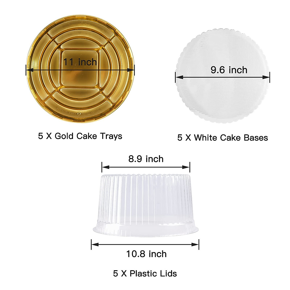 NPLUX 10 Inch Plastic Cake Carriers Gold Cake Containers with Lid and White Cake Boards, Clear Cupcake Holder for 1-2 Layer Cheesecake, Bundt Cake Pie Bakery Supplies (5 Pack)
