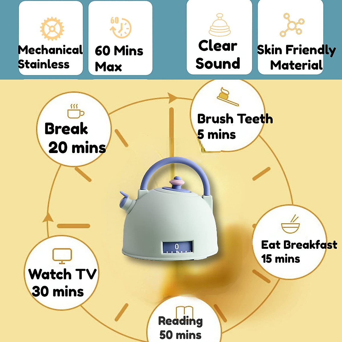 Cute Kettle Kitchen Timer - 100% Mechanical Design