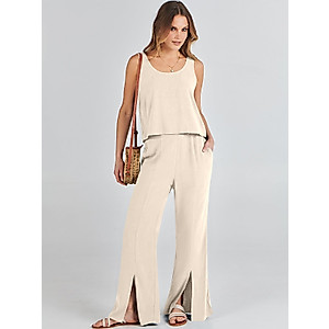 Caracilia Women's Linen Palazzo Pants Summer Beach Boho Wide Leg High Waist Front Split Elastic Waisted Trousers Casual Loose Flowy Pant with Pocket Beige C128A0-mise-S