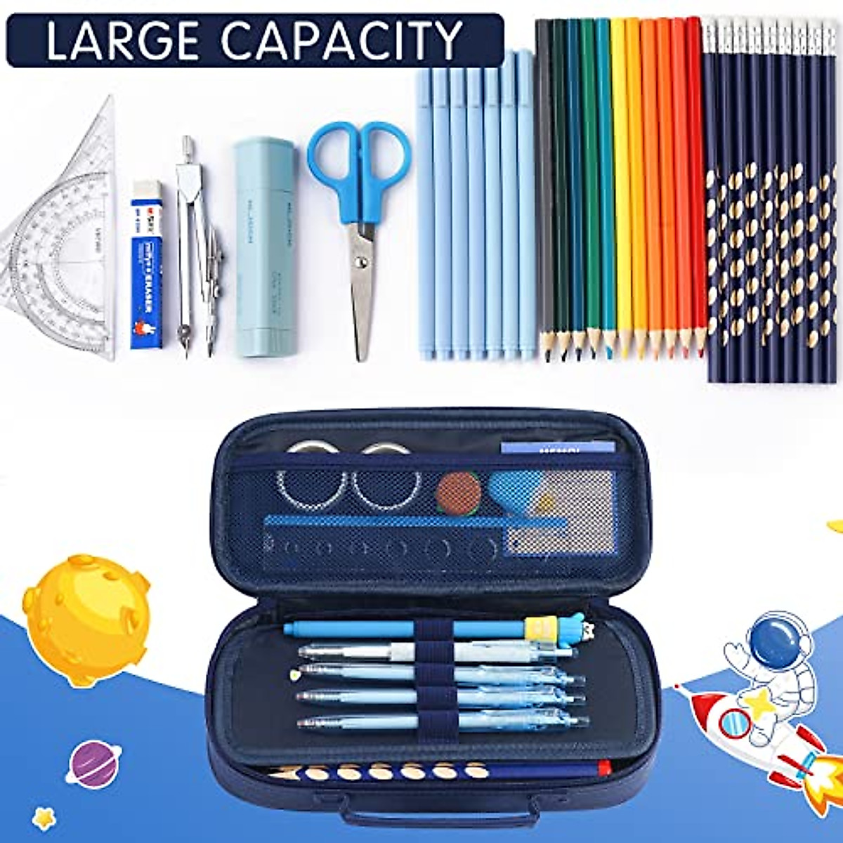 Four Candies Cute Pencil Case for Boys, Big Capacity Canvas Kawaii Pencil Pouch with Zipper & Handle , Waterproof and Durable Compartment Large Storage Pencil Bag for Kids in School - Astronaut