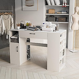 COSTWAY 36” Counter Height Sewing Table, 53 Inch Artwork Craft Table with 14 Open Compartments, 3-Position Adjustable Shelf, 1 Drawer & Cabinet, Project Center Desk Drafting Sewing Workstation, White