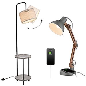 ELYONA Farmhouse Floor Lamp with Grey Desk Lamp, Bedside Table Lamp with Wireless Charging & USB Ports, Nightstand Lamp with Solid Wood Shelves,Standing Light for Bedroom, Living Room, Office