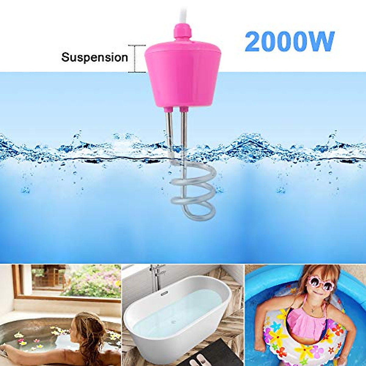 Resistance Water Heater, Immersion Heater 2000 W with Digital Thermometer Automatic Shut-Off Floating Electric Immersion Heater Made of Stainless Steel for Bathtub, Bucket, Pool (2 m)