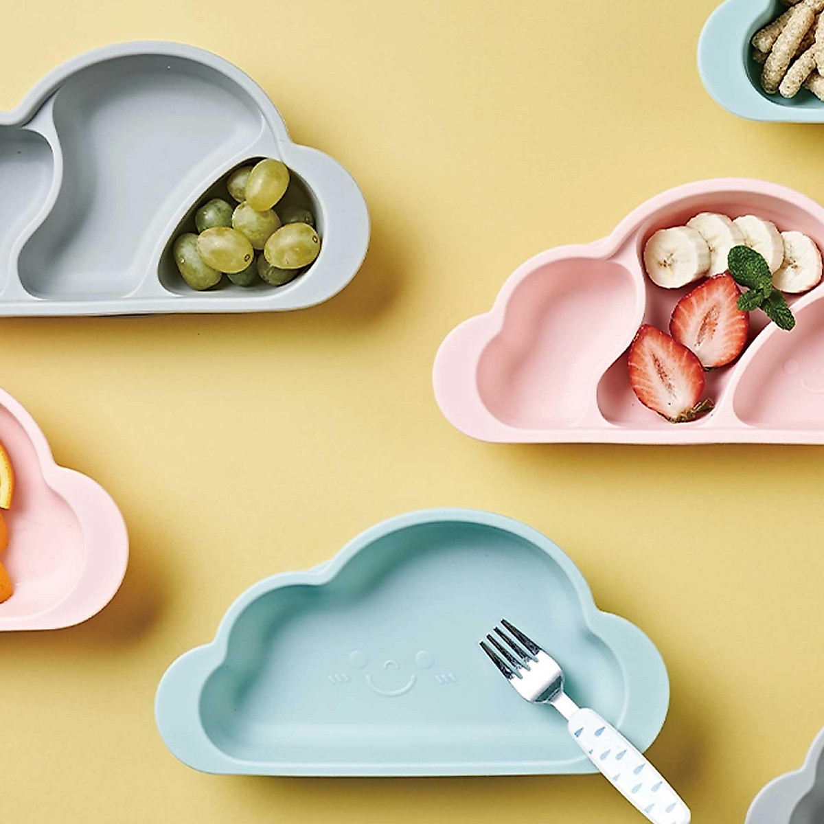 Mother's Corn Suction Plate for Baby | Divided Food-Grade 100% Silicone Feeding Bowls and Dishes for Kids, Infants & Toddlers - BPA-Free, Microwave, Dishwasher & Oven Safe | Cloud Design | Grey