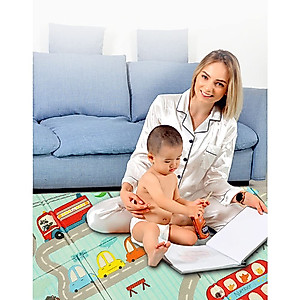 79 x 71” Baby Play Mat Reversible Foldable Floor Playmat Extra Large Thick Foam Playmat Non-Toxic Waterproof Crawling Mat for Infants Toddlers and Kids Indoor Outdoor Use (Car-Animal)