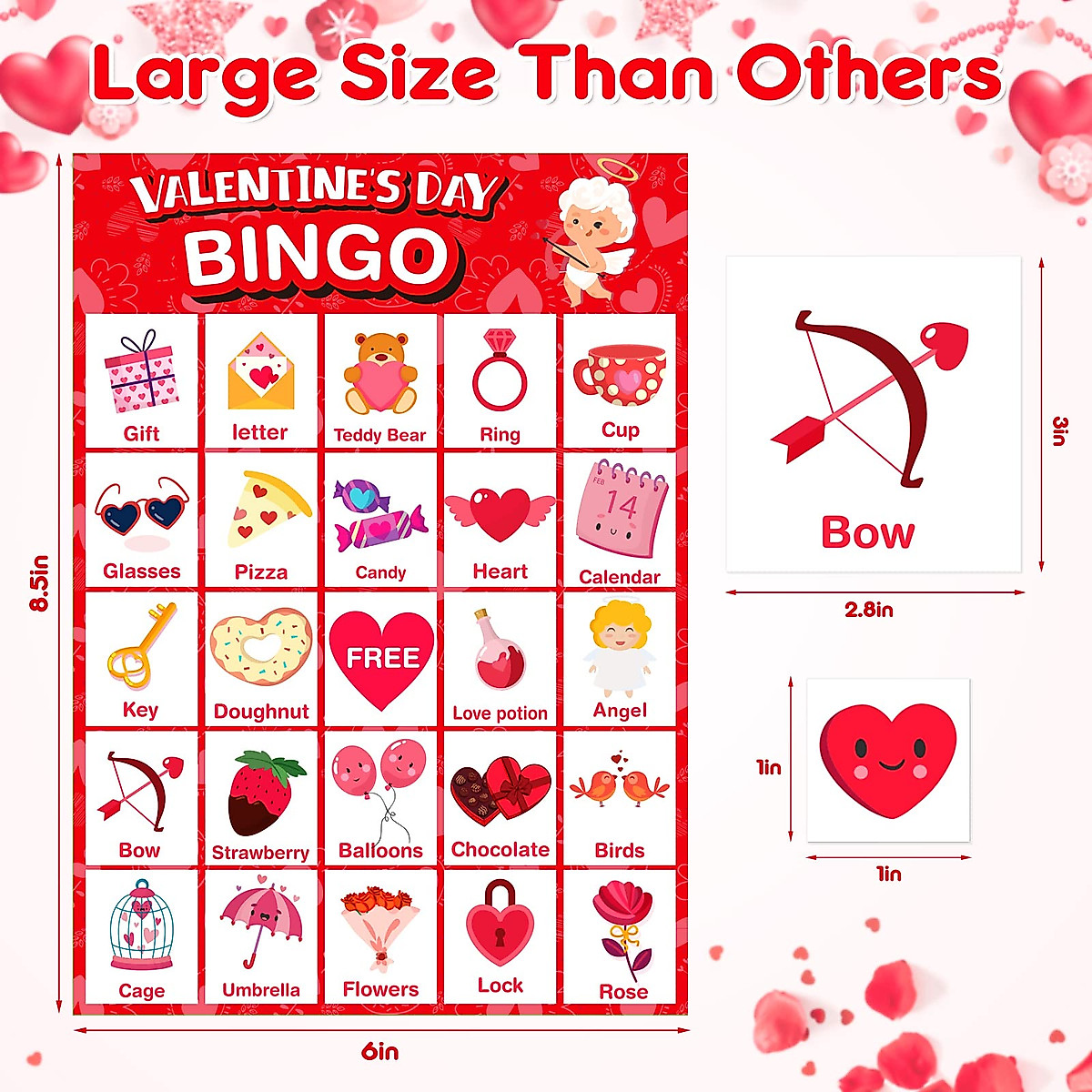 Valentines Day Large Size Bingo Game Card for Kids/Adults, 24 Players - Valentine Game for Family/School Classroom/Large Group, Valentine Party Favor for Boy/Girl