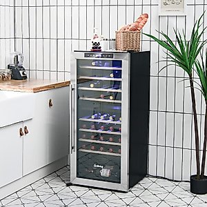 COSTWAY 20-Inch Wine Cooler Refrigerator, Dual Zone Wine Fridge with 8 Wooden Shelves for 43 Bottles of Wine, Freestanding Wine & Beverage Refrigerator for Home Office Bar
