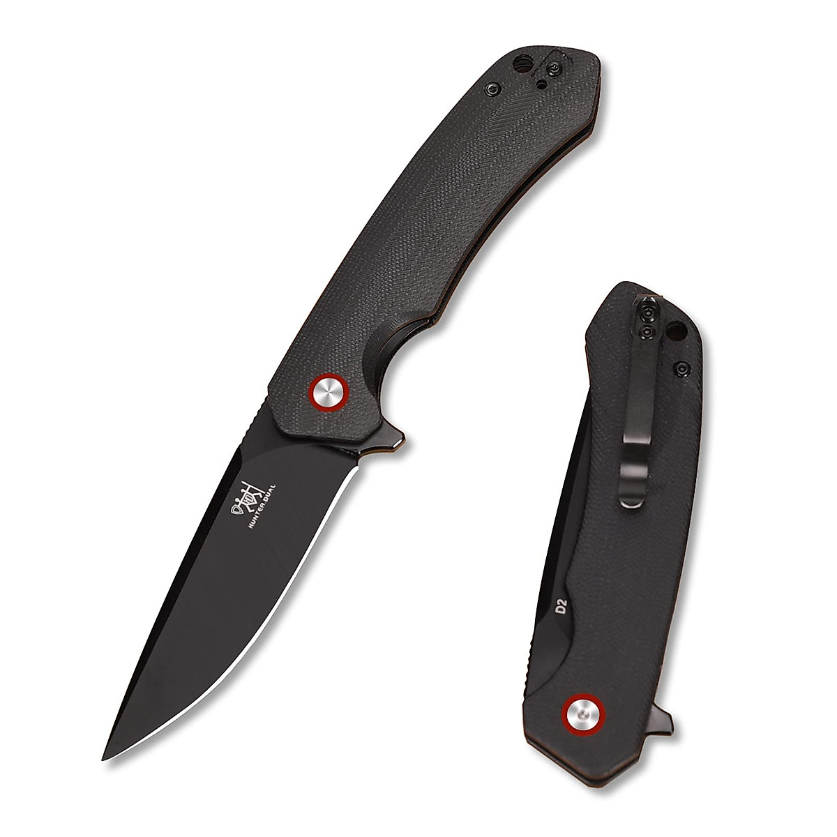 HUNTER.DUAL Pocket Knife, Folding EDC Knife with Clip for Men, Small Camping Knife for Outdoor, 3.34'' D2 Steel Blade, G10 Handle
